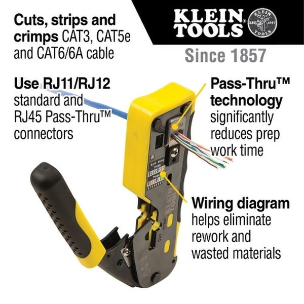 Klein Tools Ratcheting Cable Crimper / Stripper / Cutter, for Pass-Thru™ | ASK Tower Supply