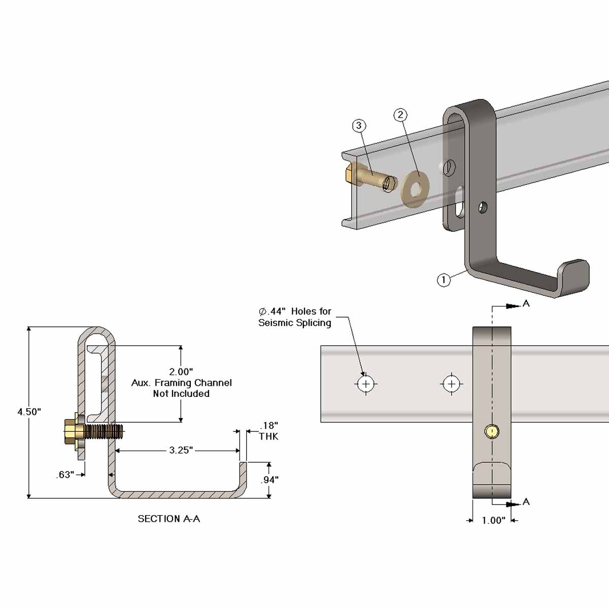 Aux. Framing Channel Bracket, 4.5" Deep x 3.5" Wide, Includes 3/8 ...
